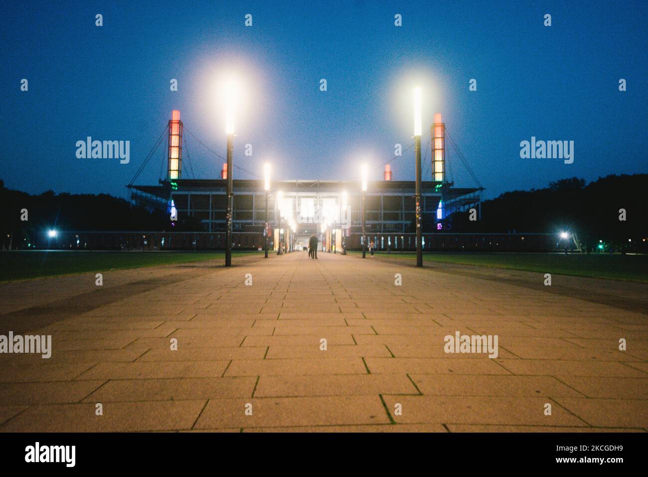 An overview of entrance of Rhein energie Stadium illuminated with the ...