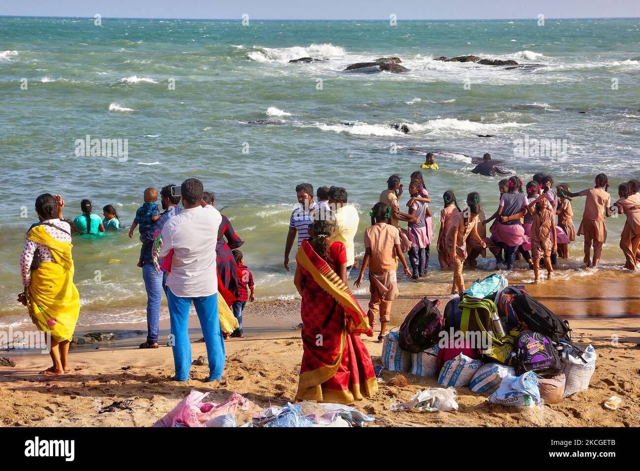 People in the ocean in Kanyakumari, Tamil Nadu, India. Kanyakumari or ...