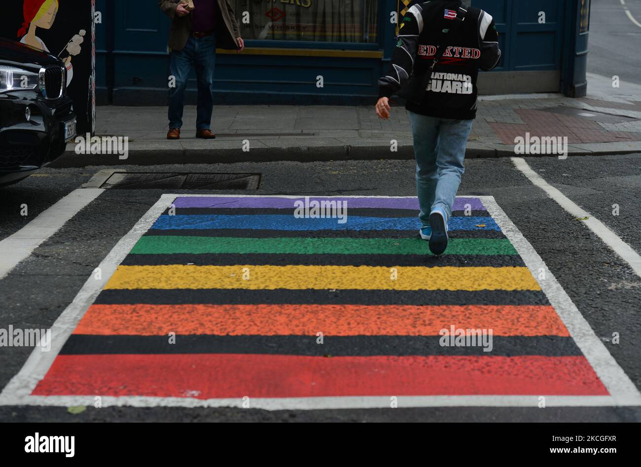 A rainbow colored pedestrian crossing in the center of Dublin. The ...
