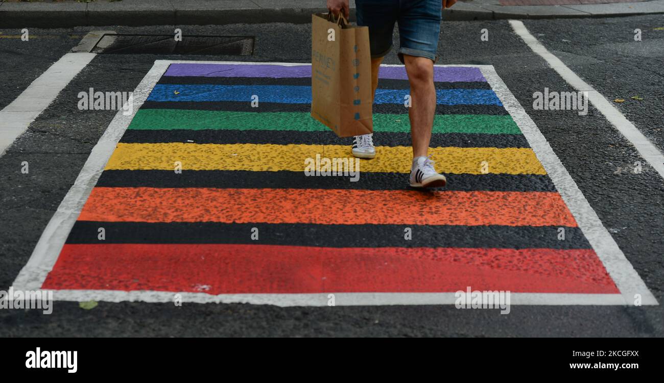 A rainbow colored pedestrian crossing in the center of Dublin. The ...