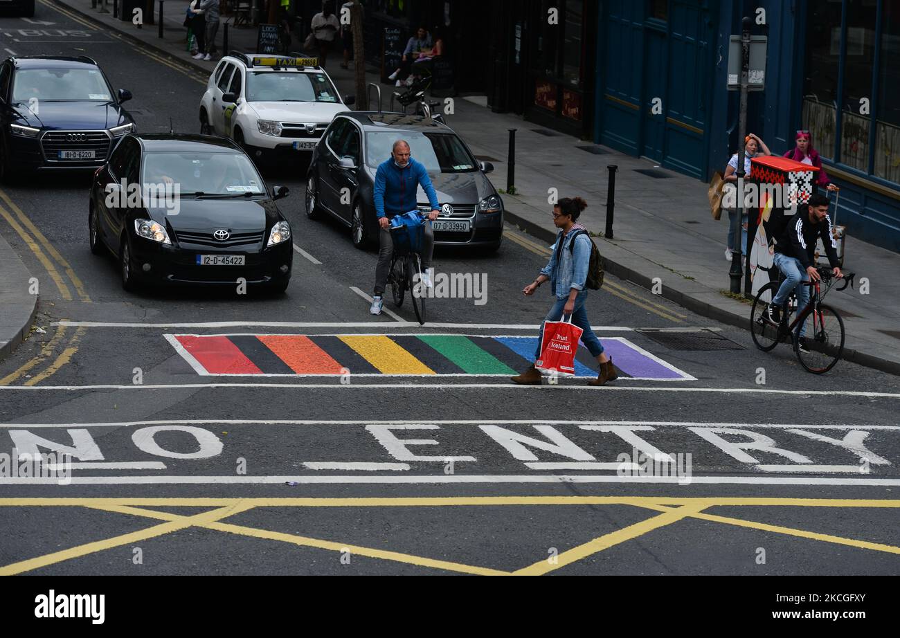 A rainbow colored pedestrian crossing in the center of Dublin. The ...
