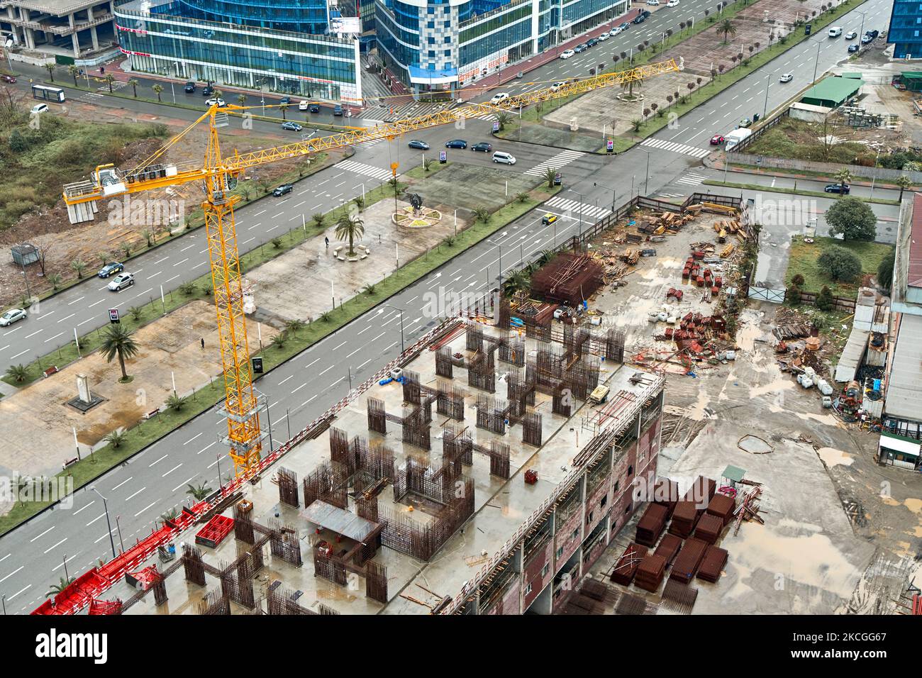 Construction site top view. Early stage of the construction of a high ...