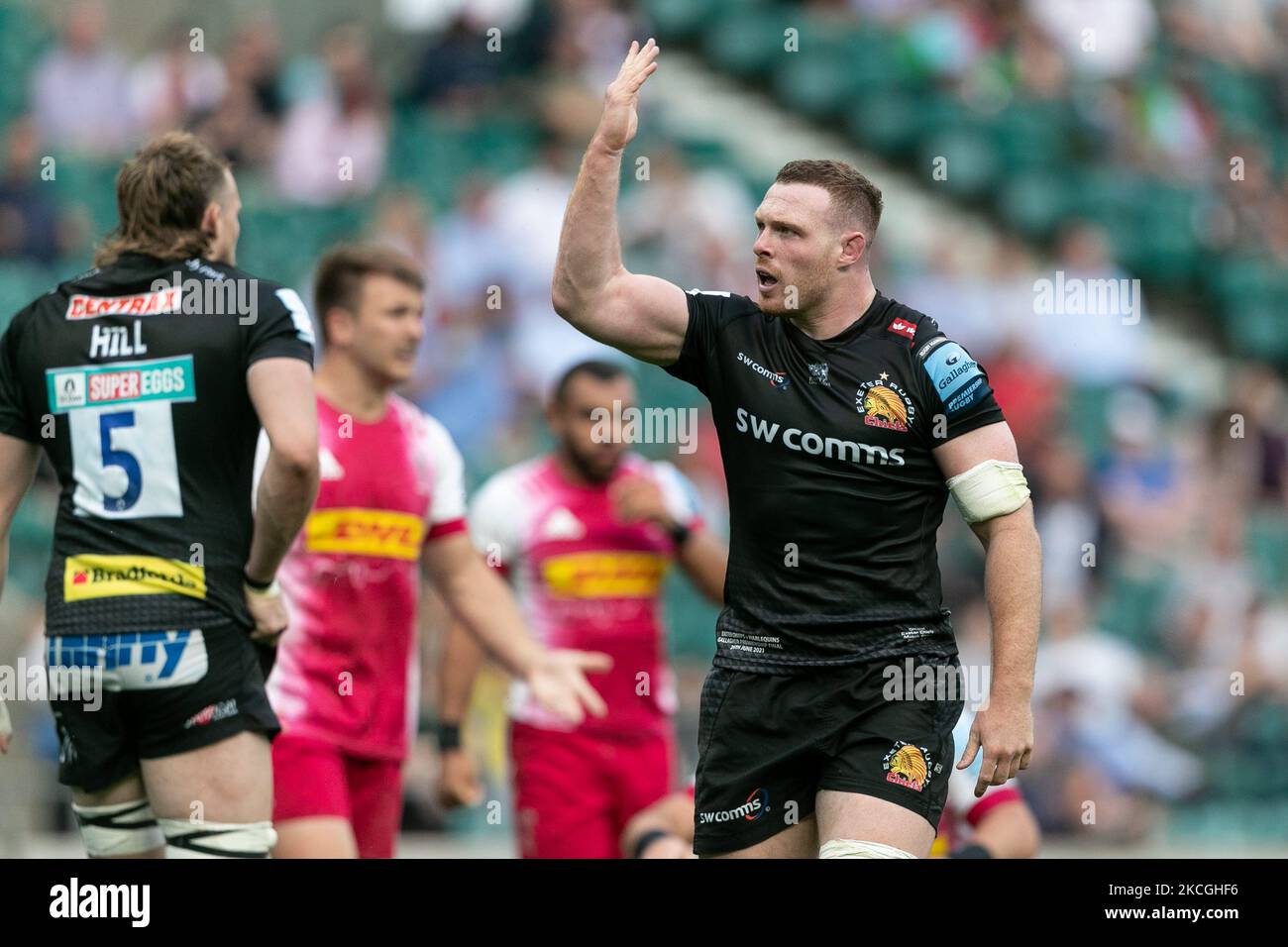 Sam Simmonds of Exeter Chiefs gestures after scoring a try during the ...