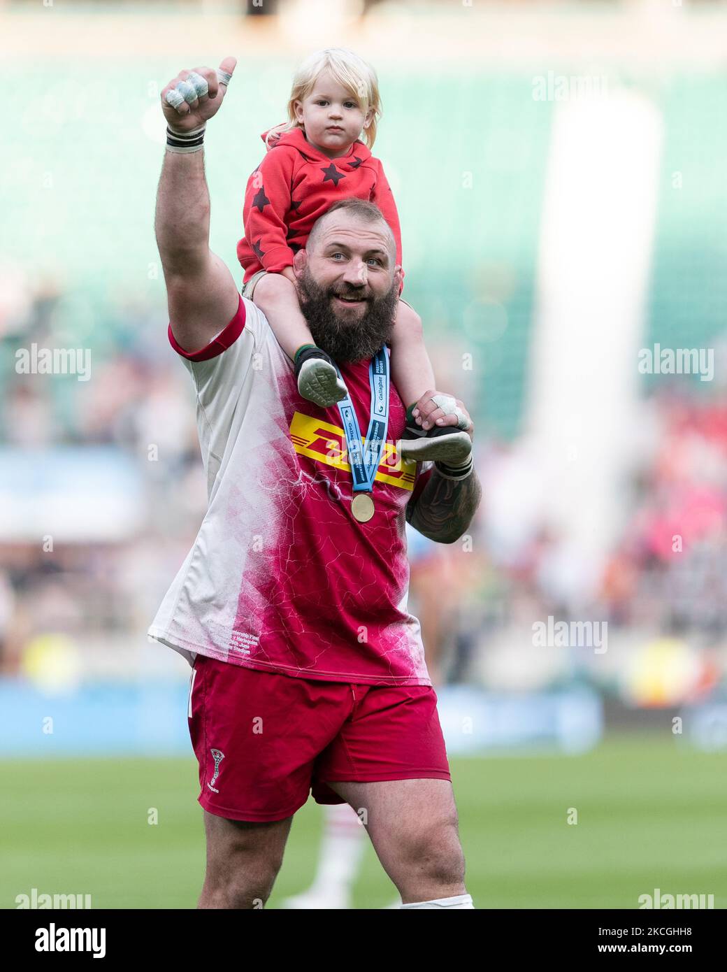 Joe Marler of Harlequins celebrates following his side's victory after ...