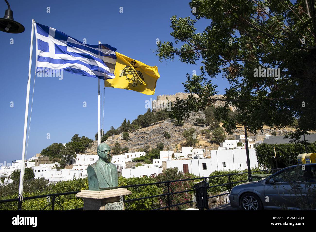 View on the acropolis (upper city) of the city of Lindos on the island ...