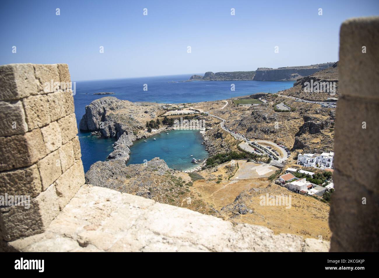 View of the St. Paul's bay from the Acropolis of Lindos on the island ...
