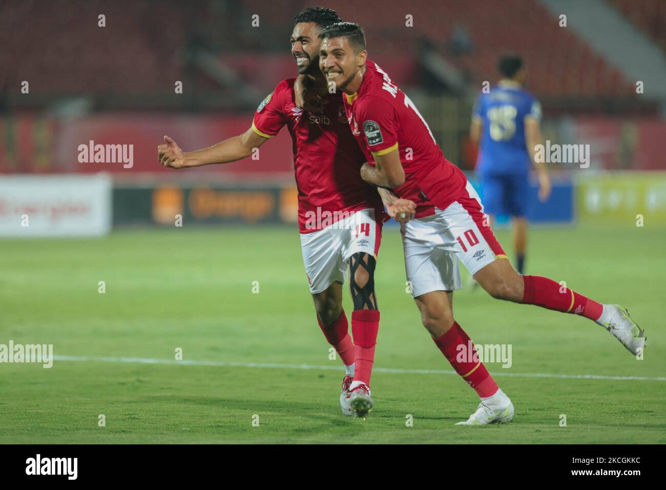 Ahly's Hussein el-Shahat and Mohamed Sherif celebrate a goal during the ...