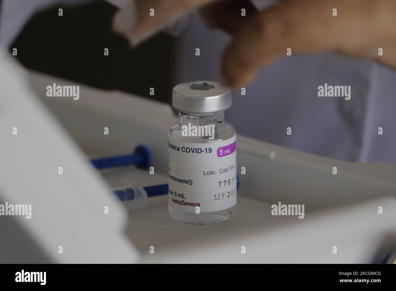 A vial of AstraZeneca's COVID-19 biologic before being used by medical ...
