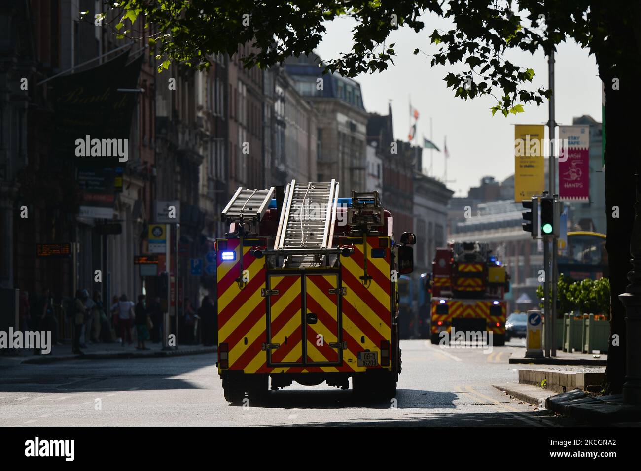 Fire Brigade vehicules seen on Dame Street, in Dublin city center. On ...