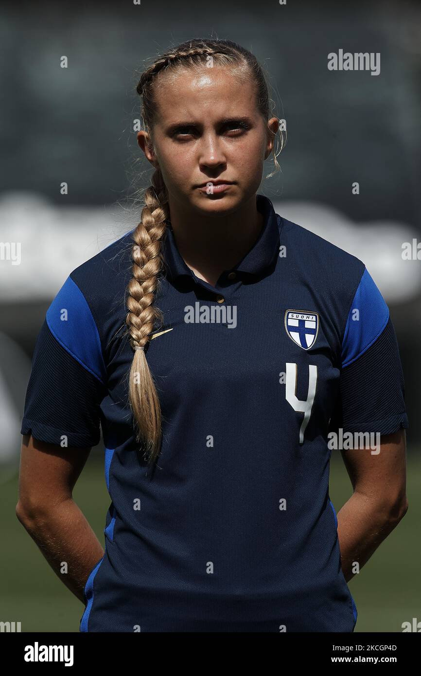 Ria Oling of Finland poses during the national anthem prior to the ...