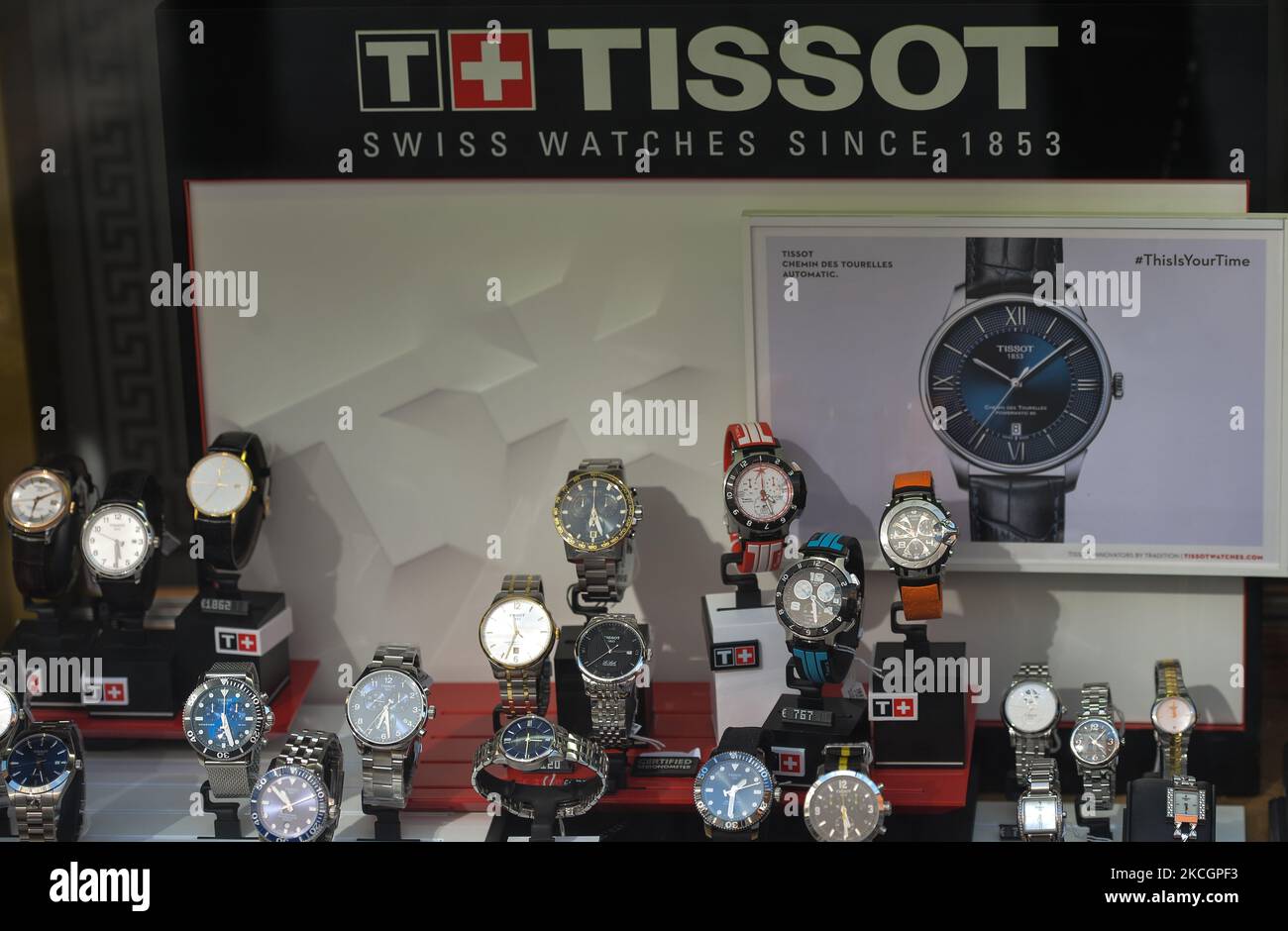 TISSOT watches on display in a shop window in Dublin city center. On ...