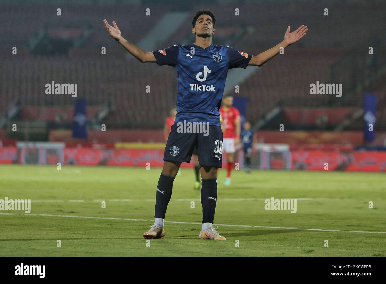 Pyramids player Ibrahim Adel the score the firt goal for his team in a ...
