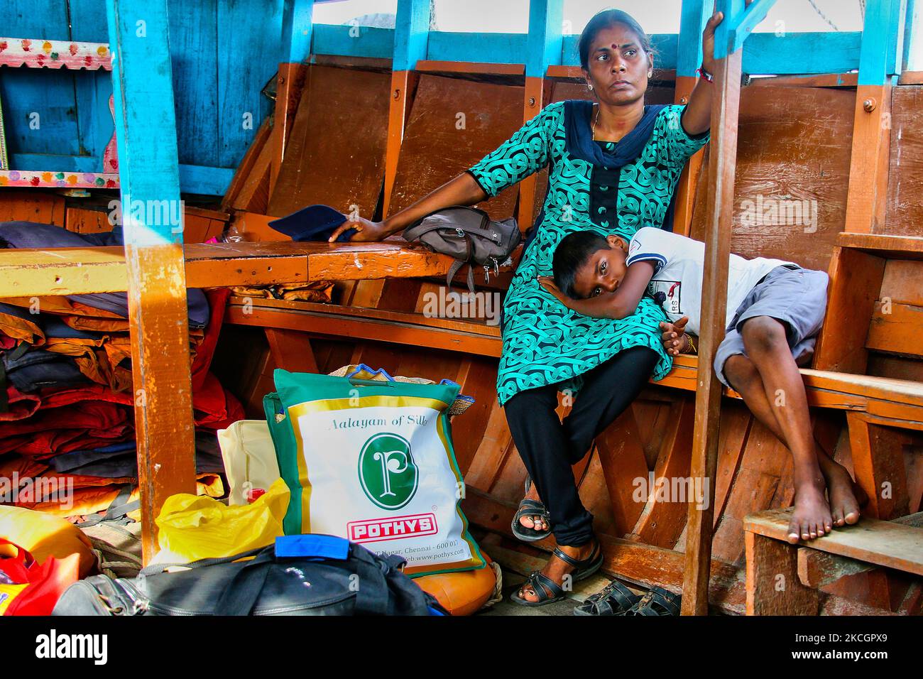Passengers inside a ferry boat heading from Analaitivu Island to Kanaki Harbour in Jaffna, Sri ...