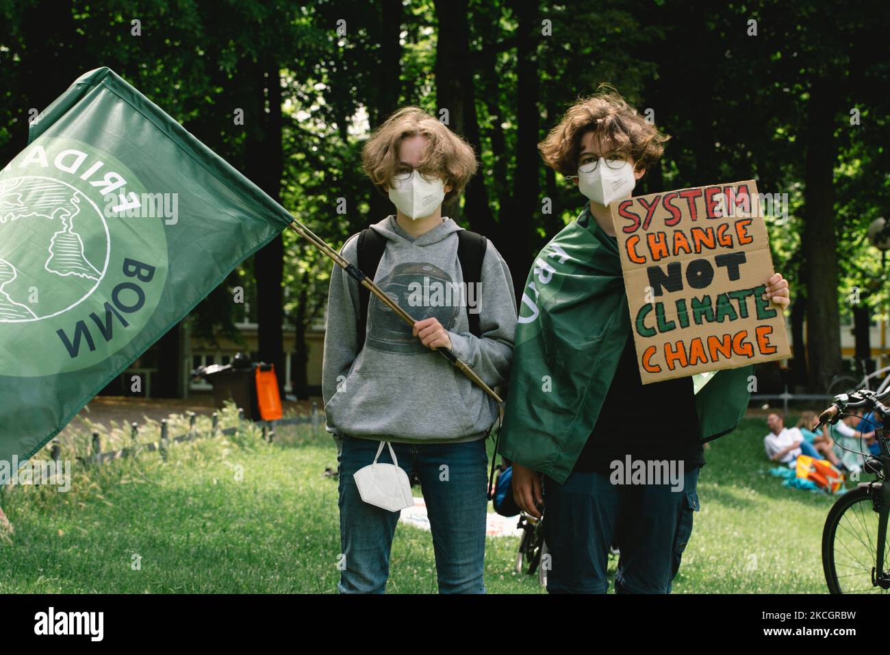 two young activists poses for pictures during the Fridays for Future demo in Bonn, Germany on ...