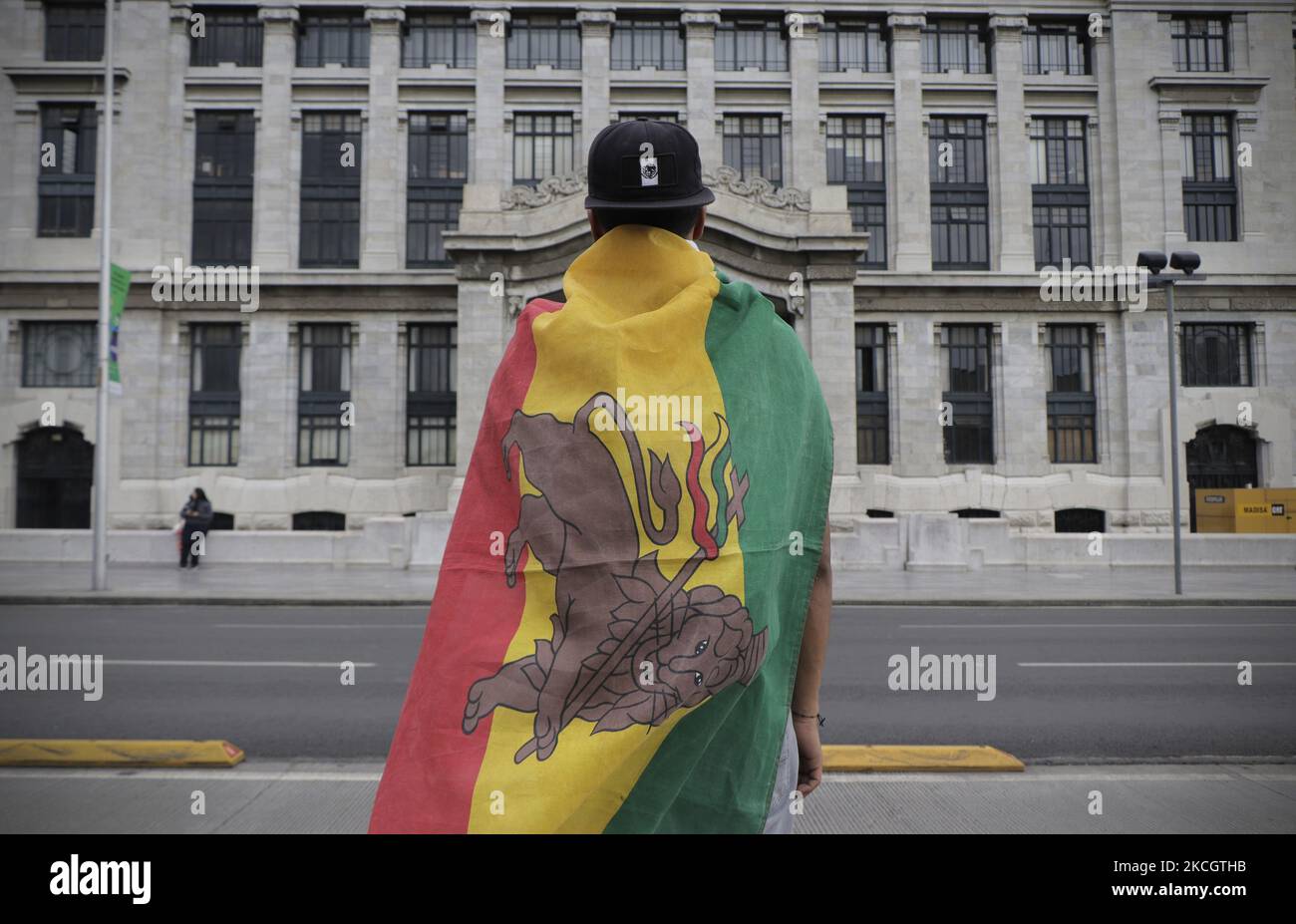 A marijuana user carries a flag with the Lion of Judah on his back in ...