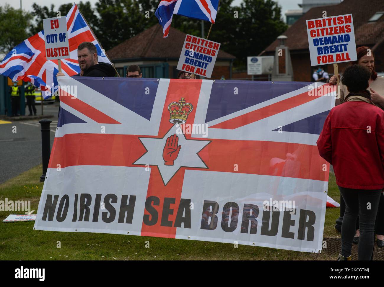 A group of Loyalists holds a protest against the Northern Ireland ...