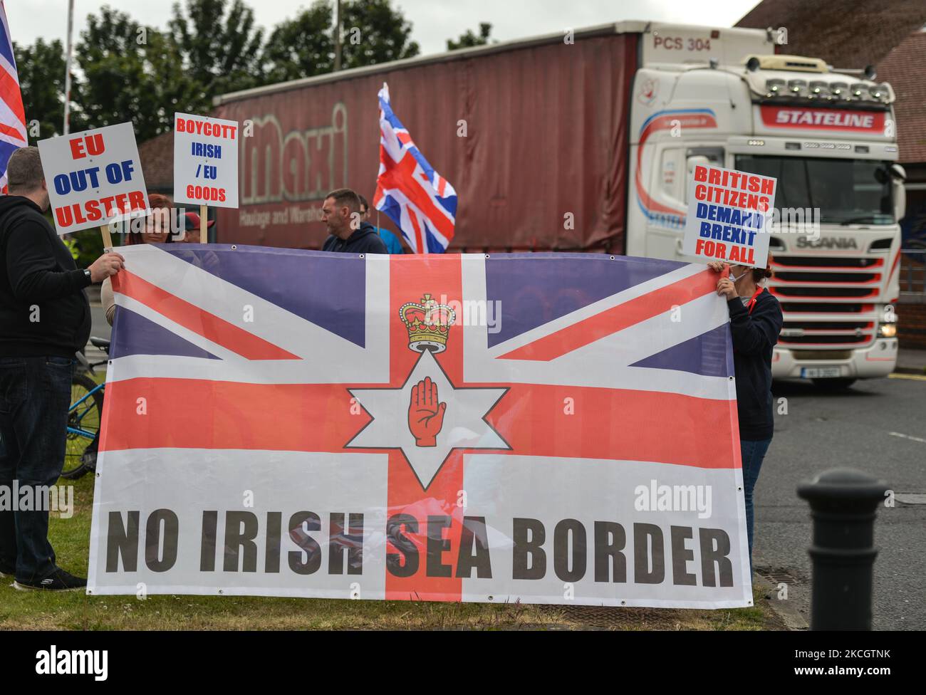 A group of Loyalists holds a protest against the Northern Ireland ...