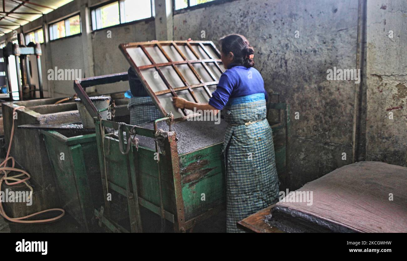 Women press large sheets of freshly made wet paper at the Cottage ...