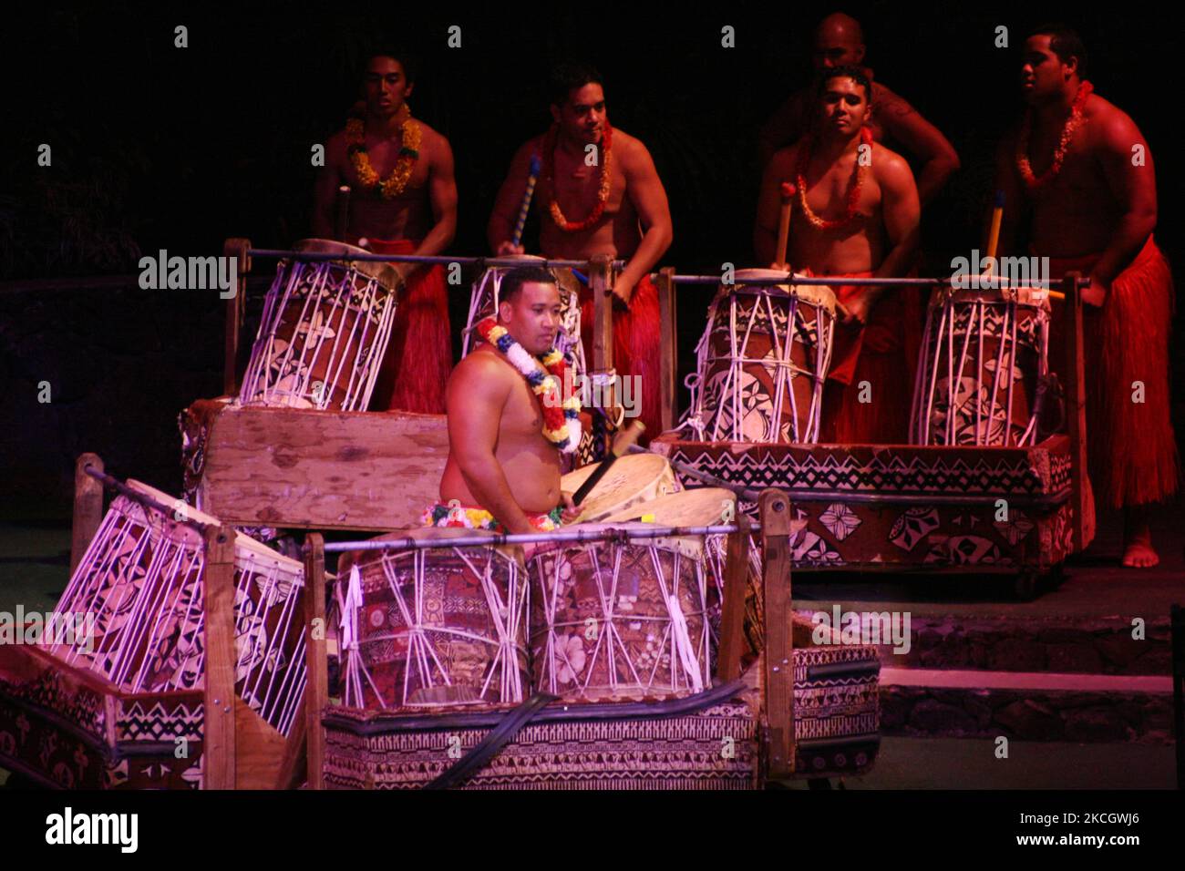 Drummers perform traditional Polynesian music from the island of Tonga ...