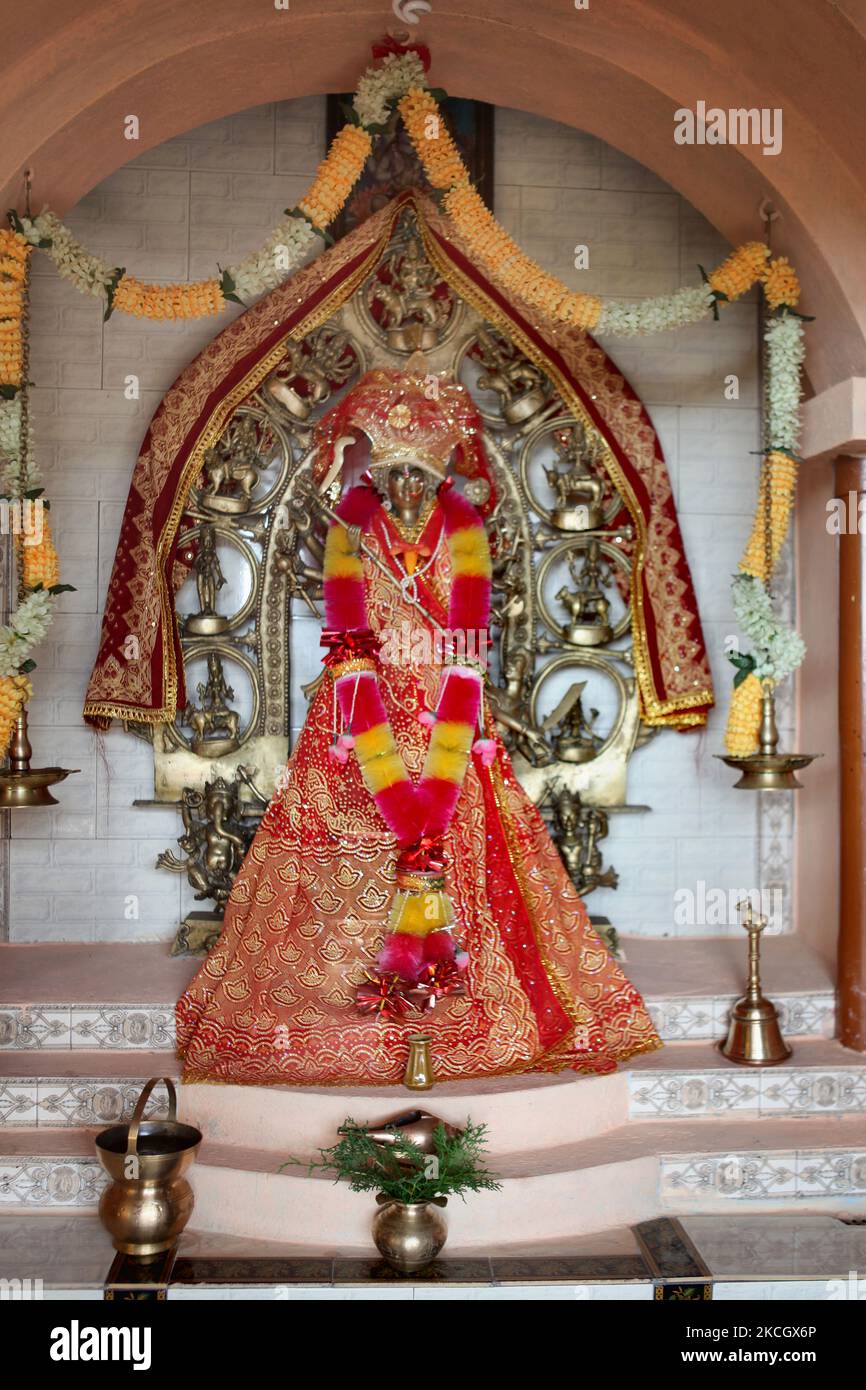 Idol of the Hindu deity Rodu Naag in a remote temple in the Mandher ...