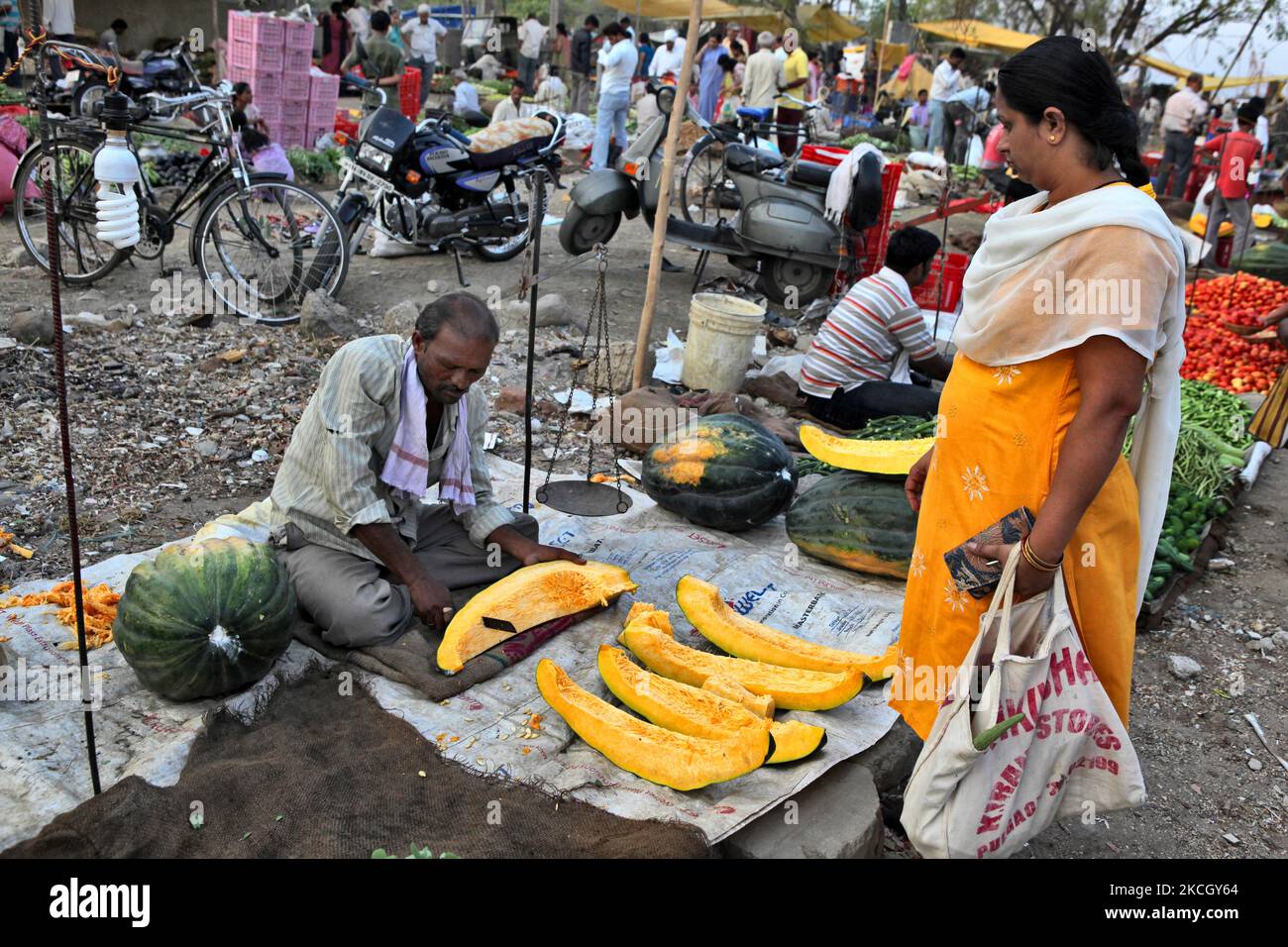 Man cuts a large pumpkin for a customer at the largest fruit and ...