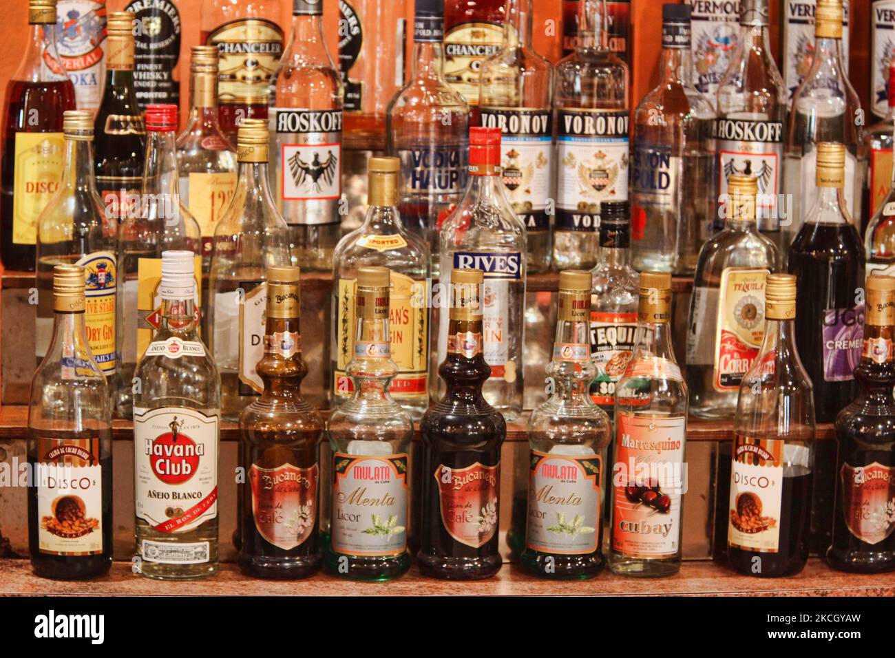 Various spirits and liquors set up behind at a bar in Varadero, Cuba ...