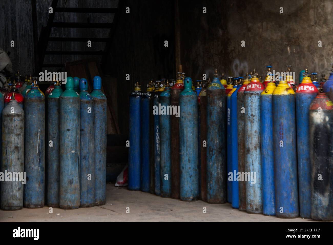 Empty oxygen tanks seen piled up at an oxygen distribution facility on ...