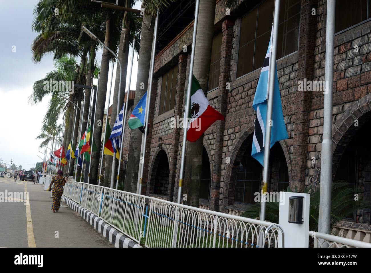 Countries flags at the Synagogue Church of All Nations (SCOAN) are half ...