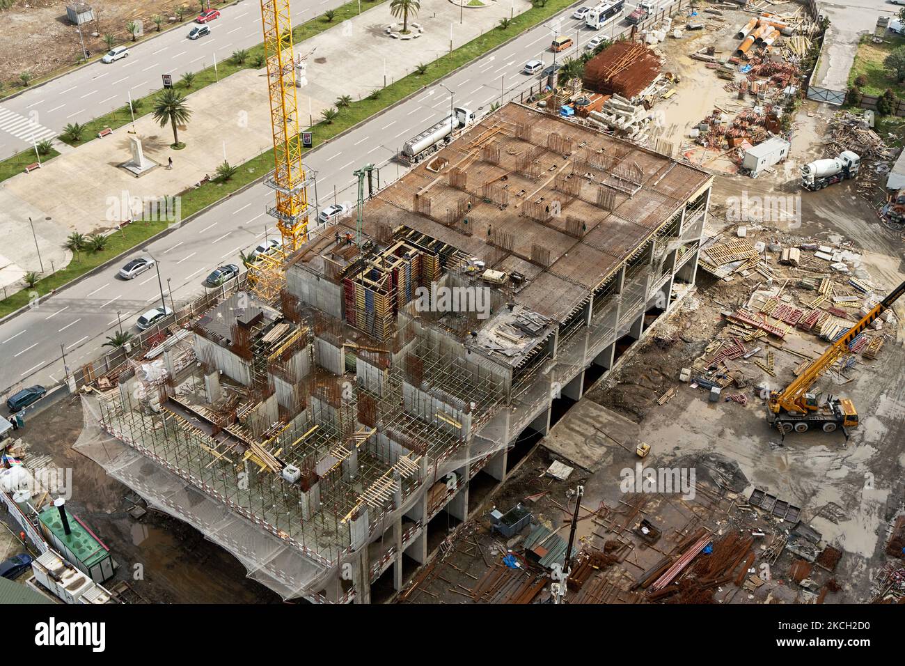 Construction site top view. Early stage of the construction of a high ...