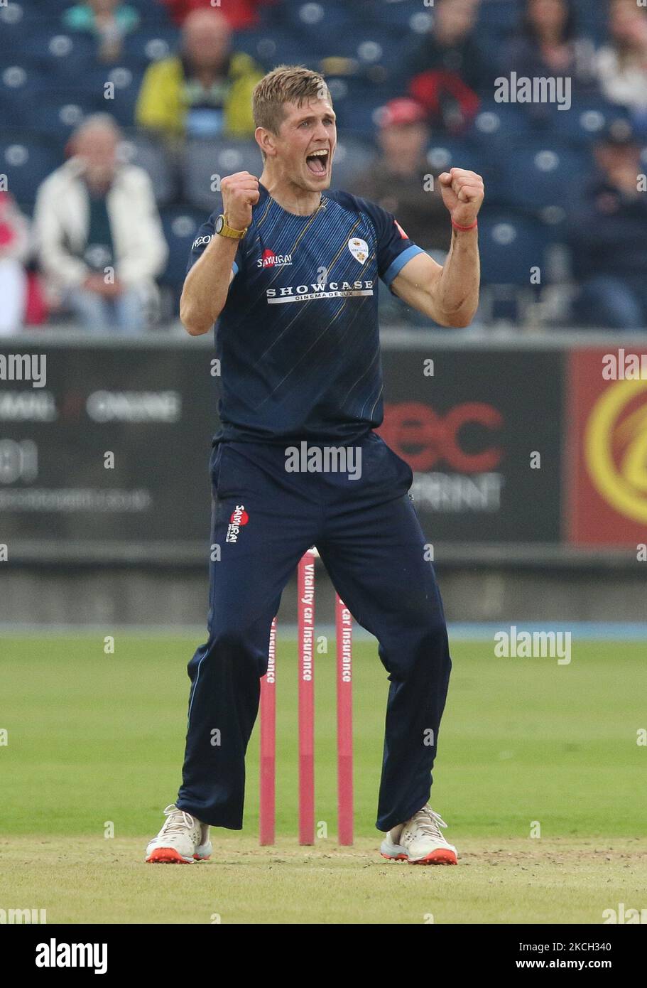 Alex Thomson of Derbyshire celebrates a wicket during the Vitality ...