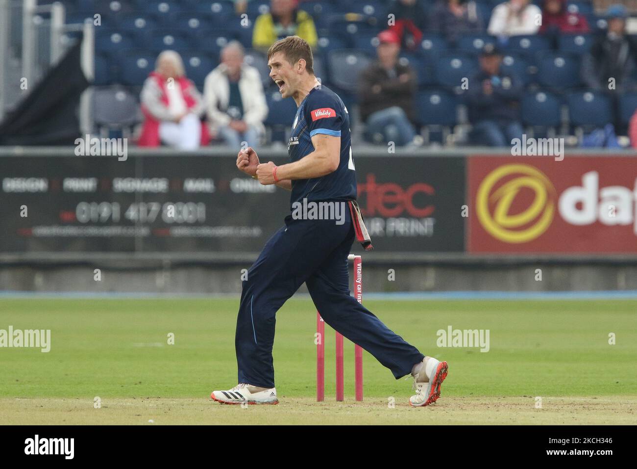 Alex Thomson of Derbyshire celebrates a wicket during the Vitality ...