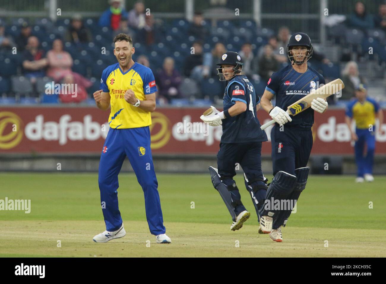 Paul van Meekeren celebrates the wicket of Luis Reece of Derbyshire ...