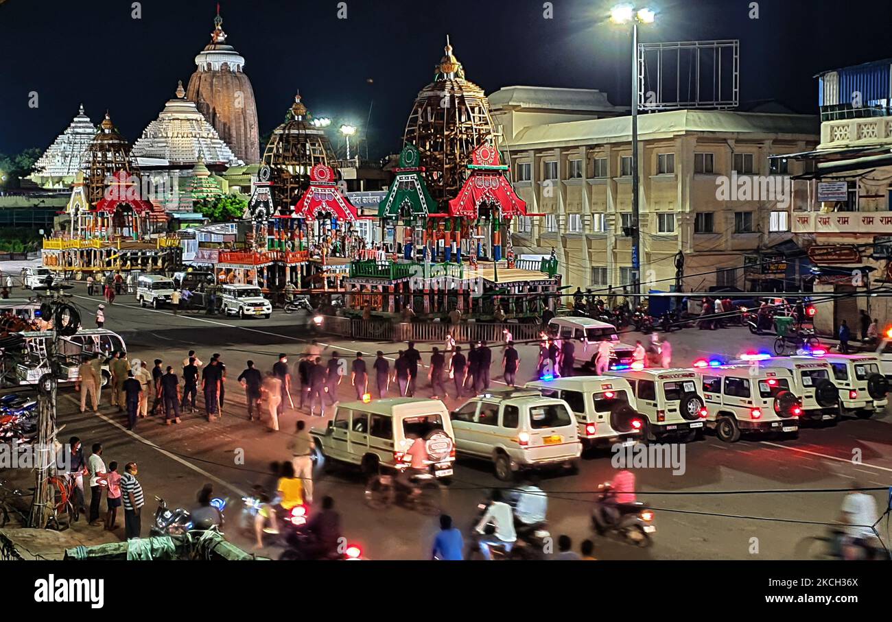 Newly built wooden chariots are seen in front of the Shree Jagannath ...