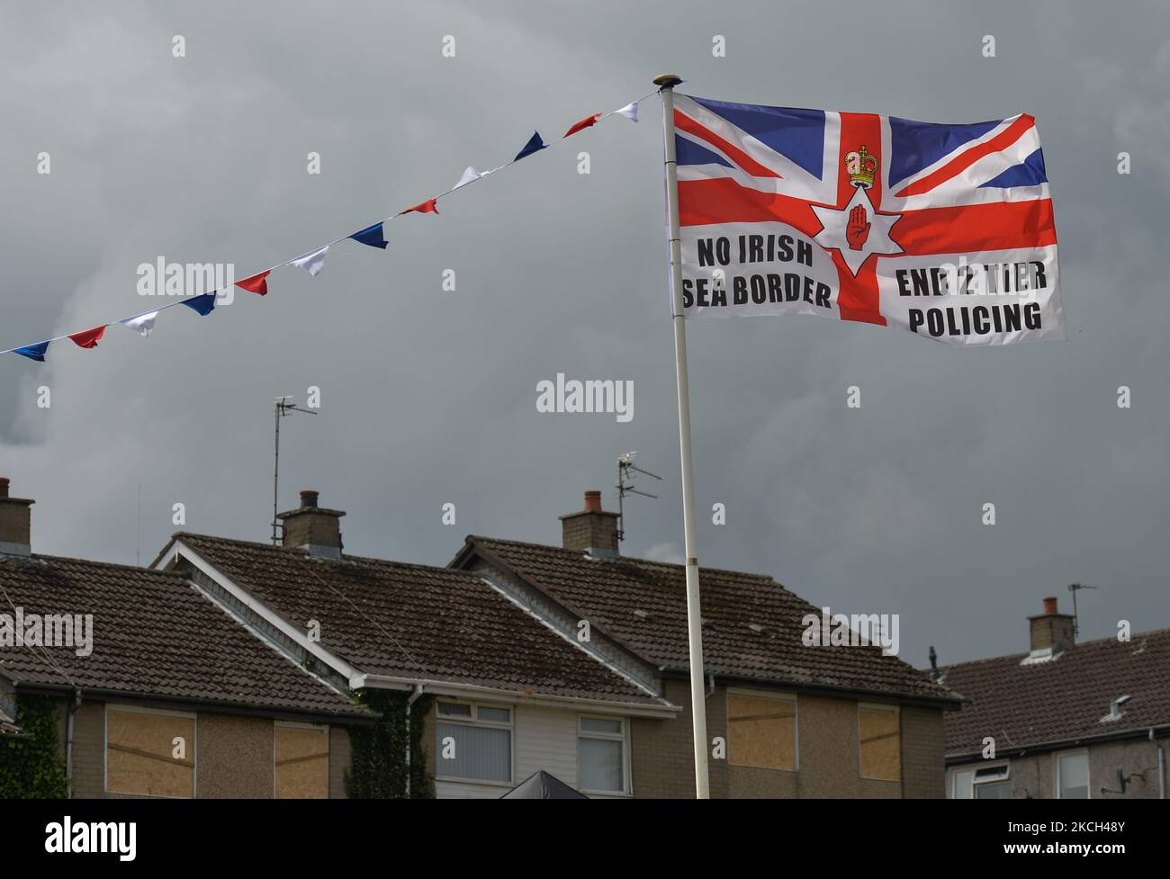 The Union Jack with 'No Irish Sea Border' inscription seen near a ...