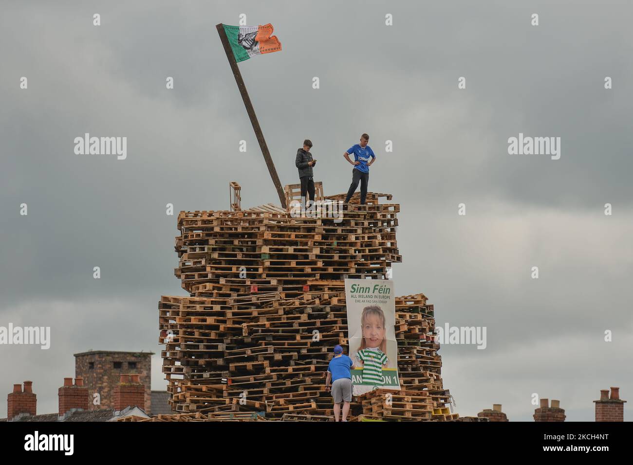A bonfire decked with Irish tricolours to be burnt prepared for the ...