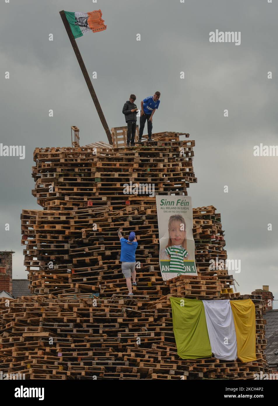 A bonfire decked with Irish tricolours to be burnt prepared for the ...