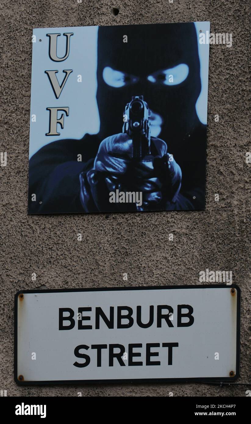 A sign 'UVF' seen in Benburb Street, Belfast. On Sunday, 11 July 2021 ...