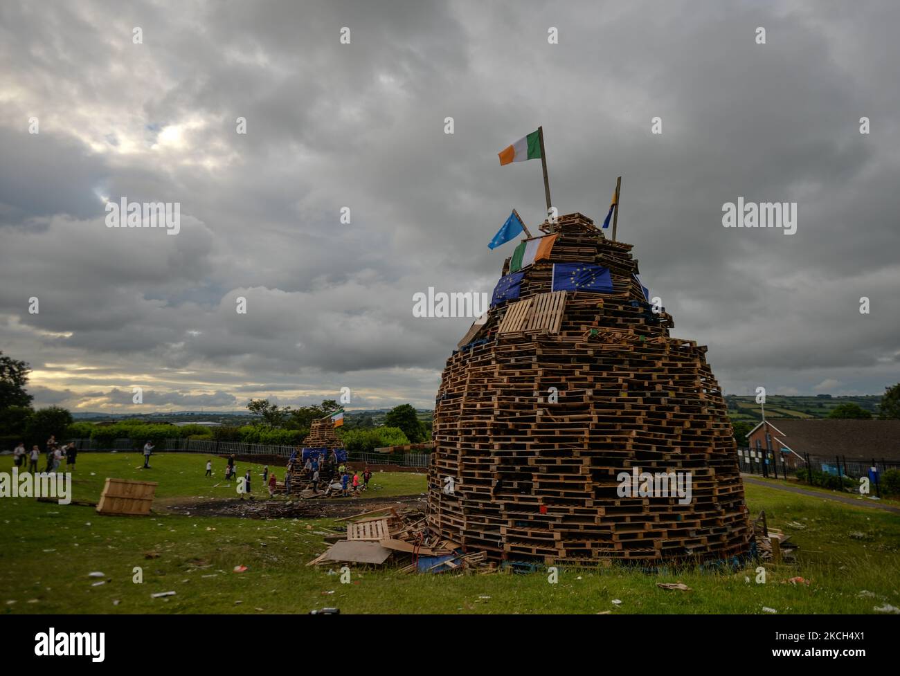 A bonfire with Irish tricolour and EU flag to be burnt prepared for the ...