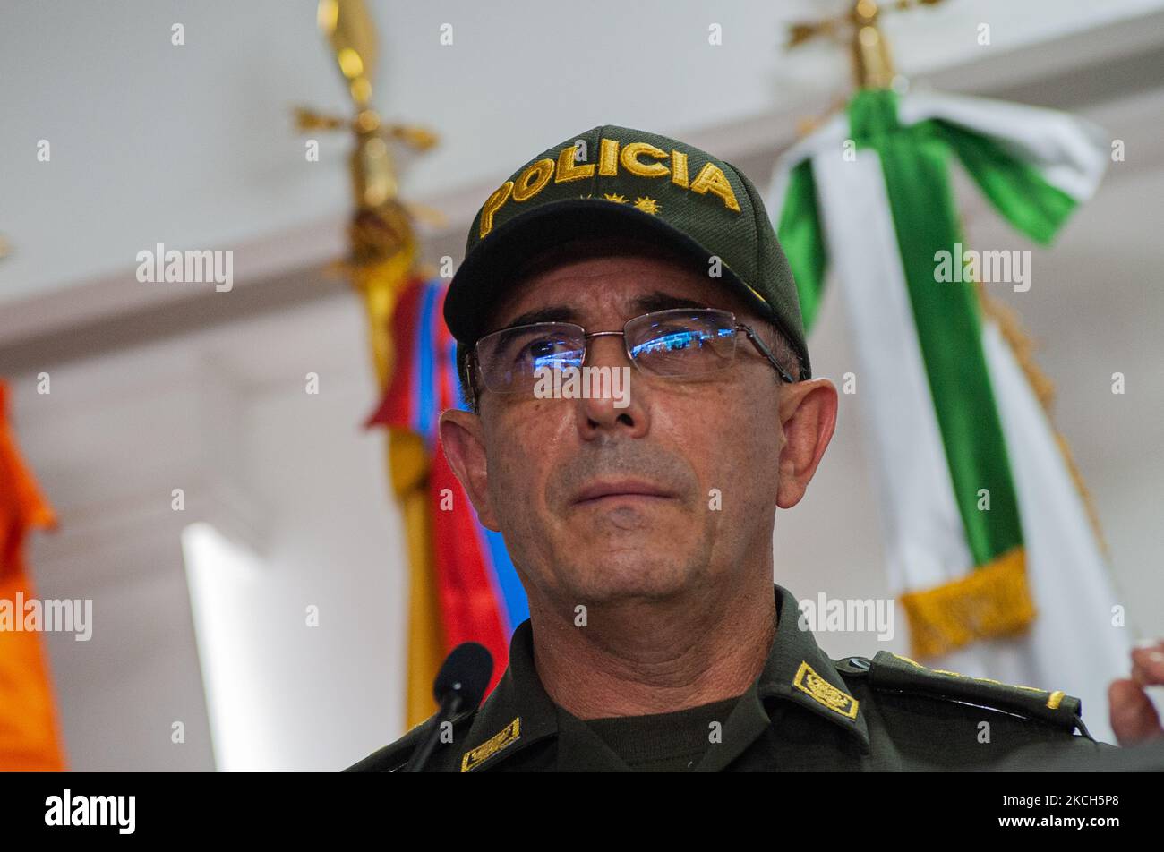 General of Colombia's police Jorge Luis vargas talks to the media as ...