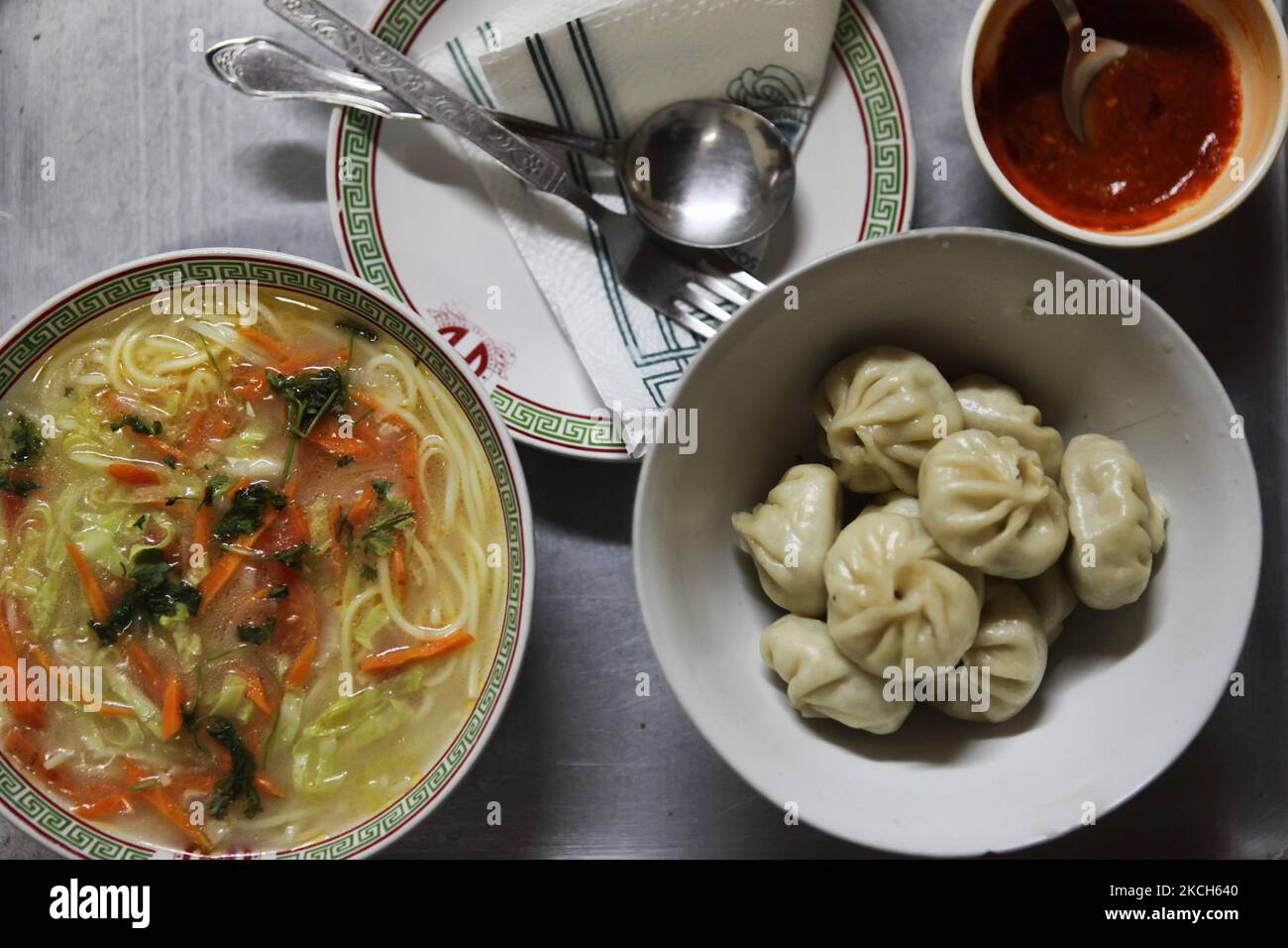 Tibetan noodle soup served with momos in Darjeeling, West Bengal, India ...
