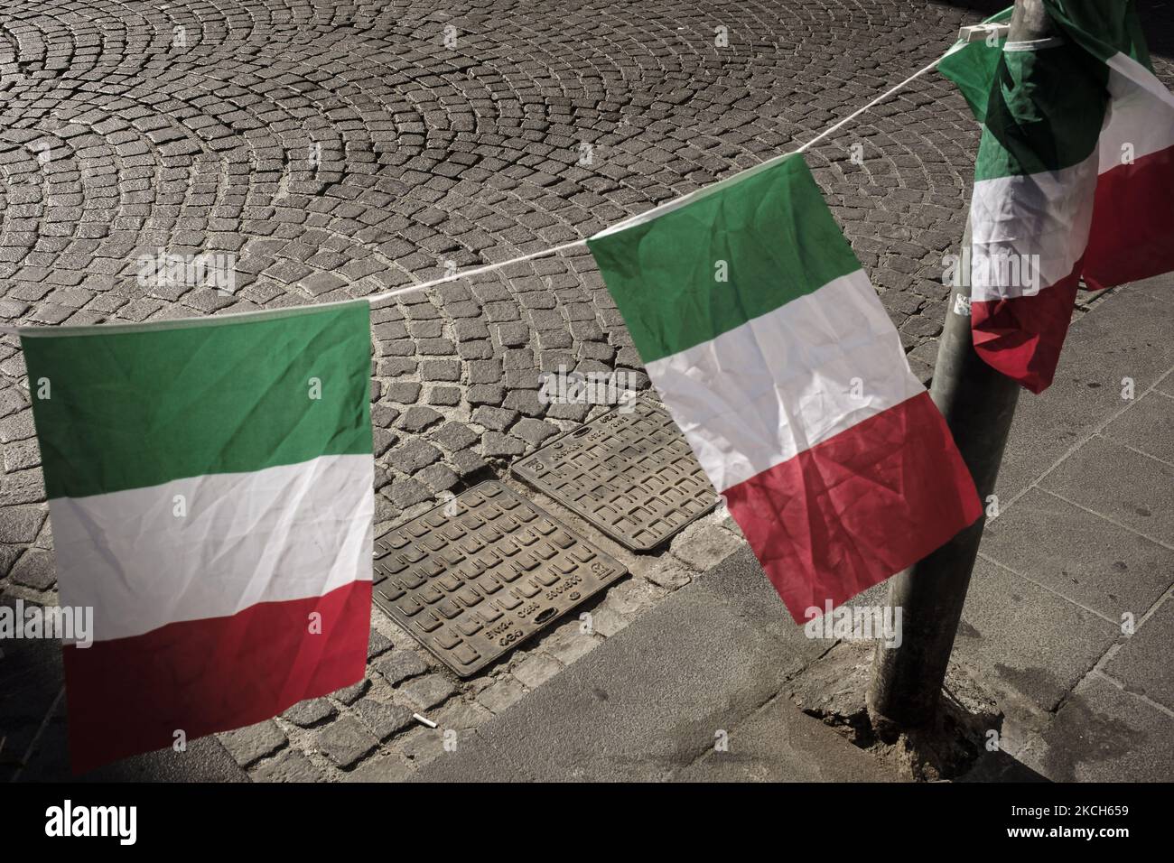 Flags of the Italian nation in Via Toledo in Naples, installed for the ...