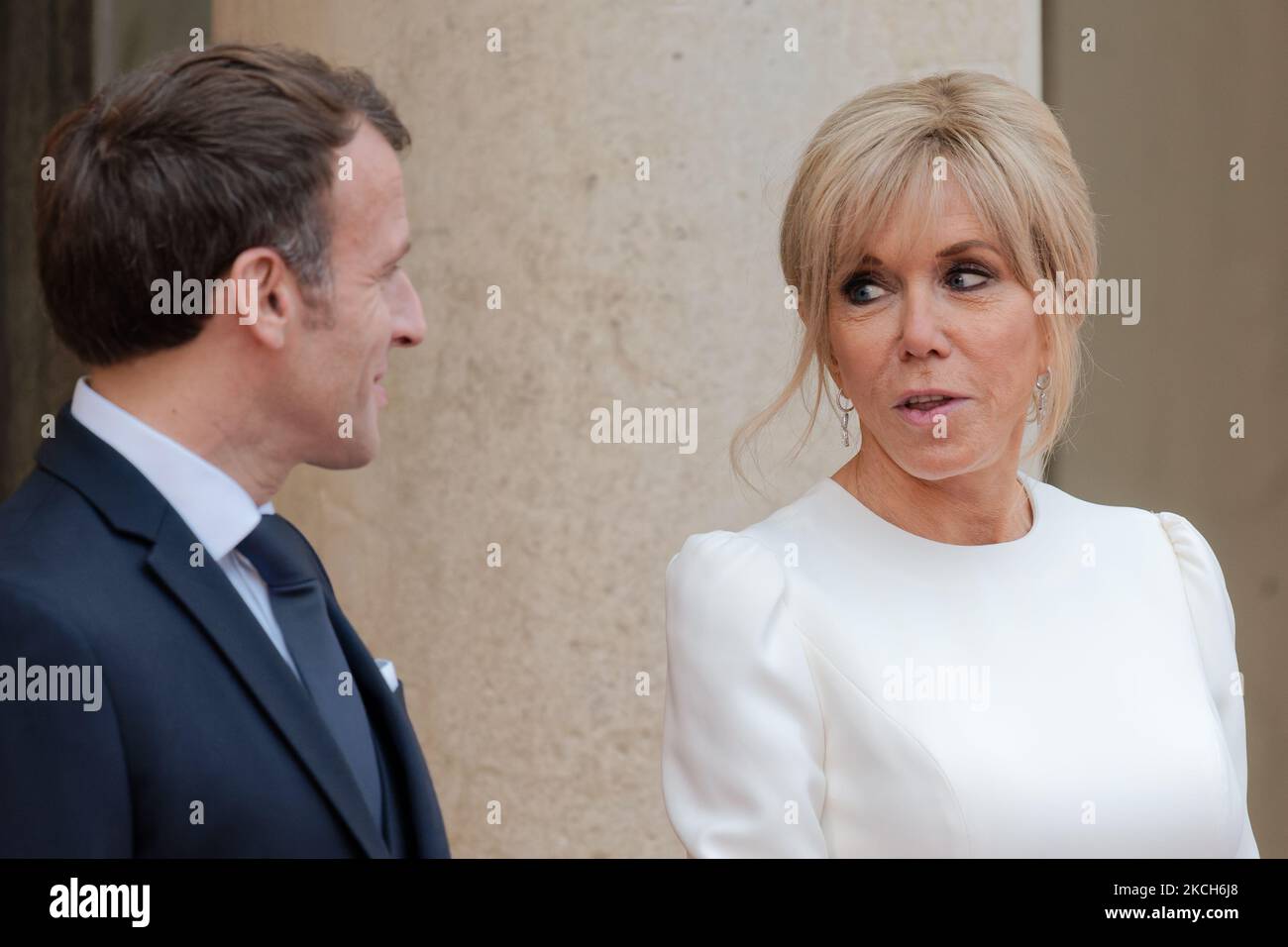 French President Emmanuel Macron and his wife Brigitte Macron during ...