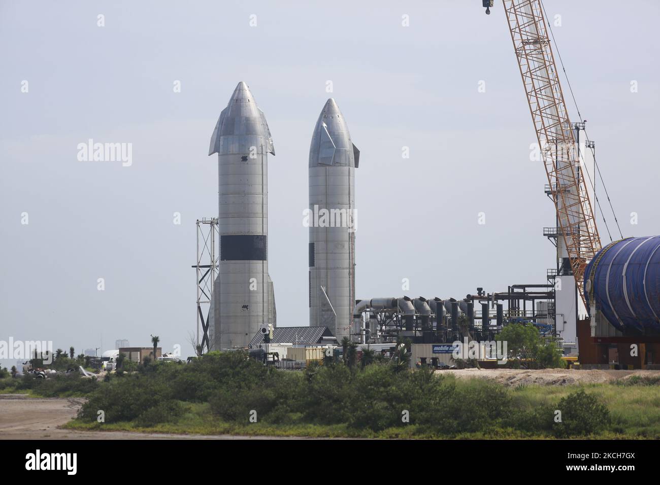 Two Starships now stand inside the SpaceX build site in South Texas ...