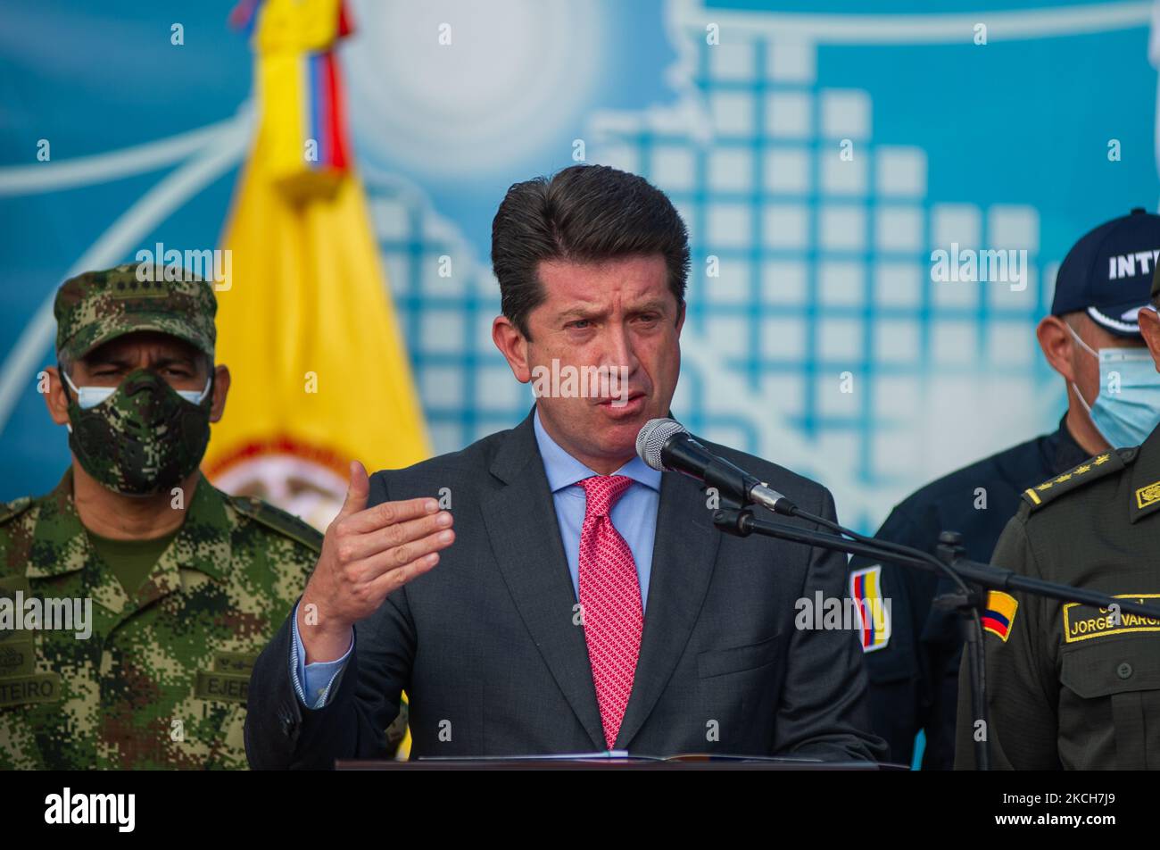 Colombia's minister of Defense Diego Molano speaks during a press ...