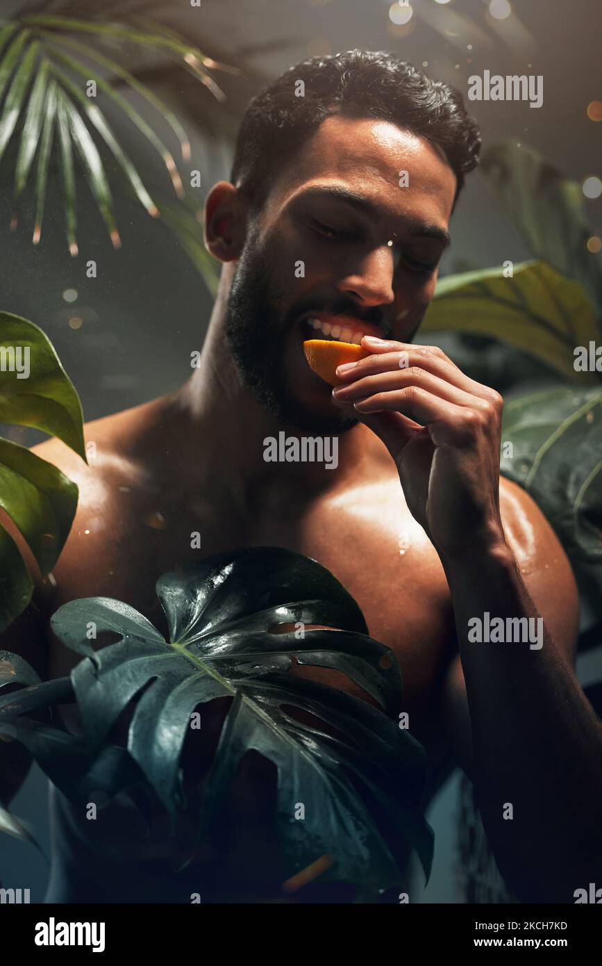 Beauty, tropical and model eating fruit in jungle for health, diet and ...