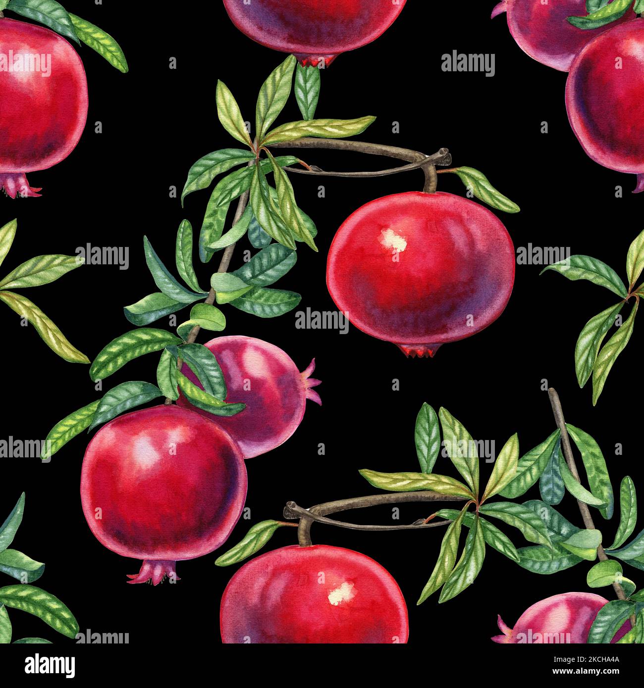Pomegranates on a branch watercolor seamless pattern. Hand drawn ...