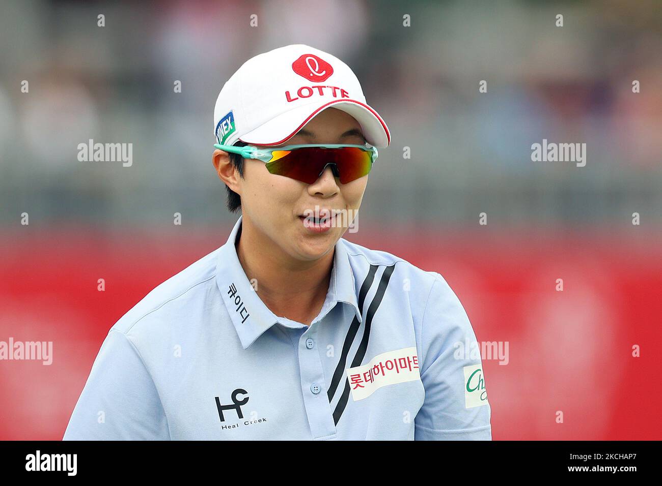 Hyo Jo Kim of South Korea reacts after putting on the 13th green during ...