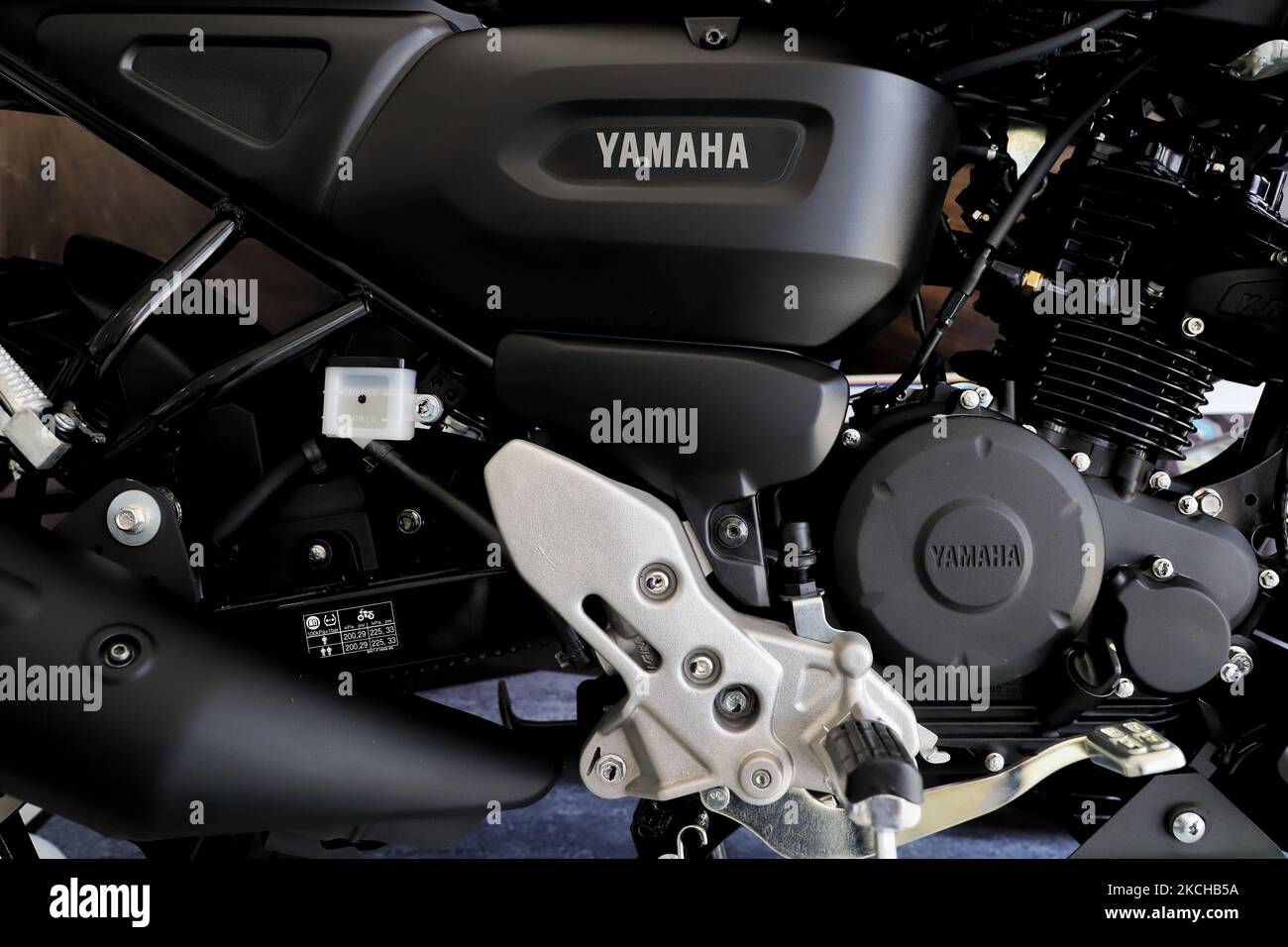 Engine of YAMAHA FZ-X is seen at Hanief Motors showroom in Sopore ...