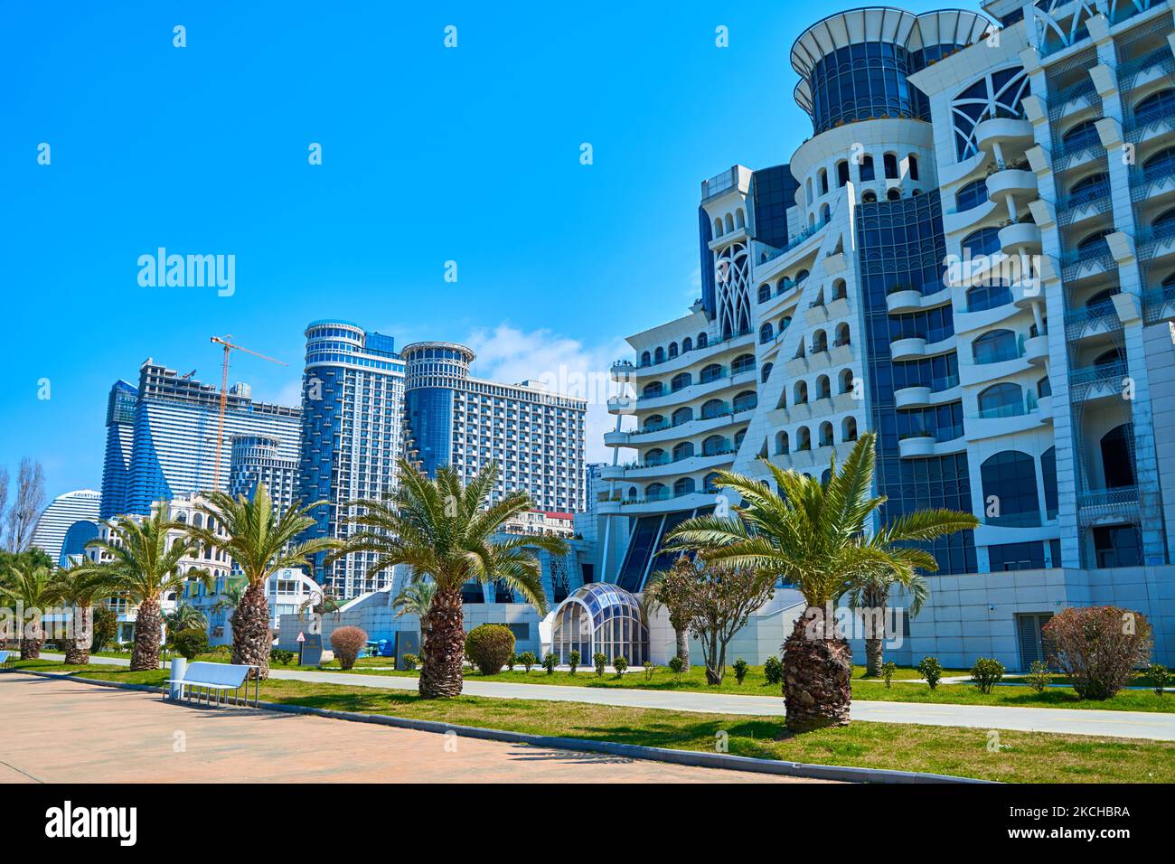 Modern buildings along the well-groomed Batumi waterfront. Georgian ...