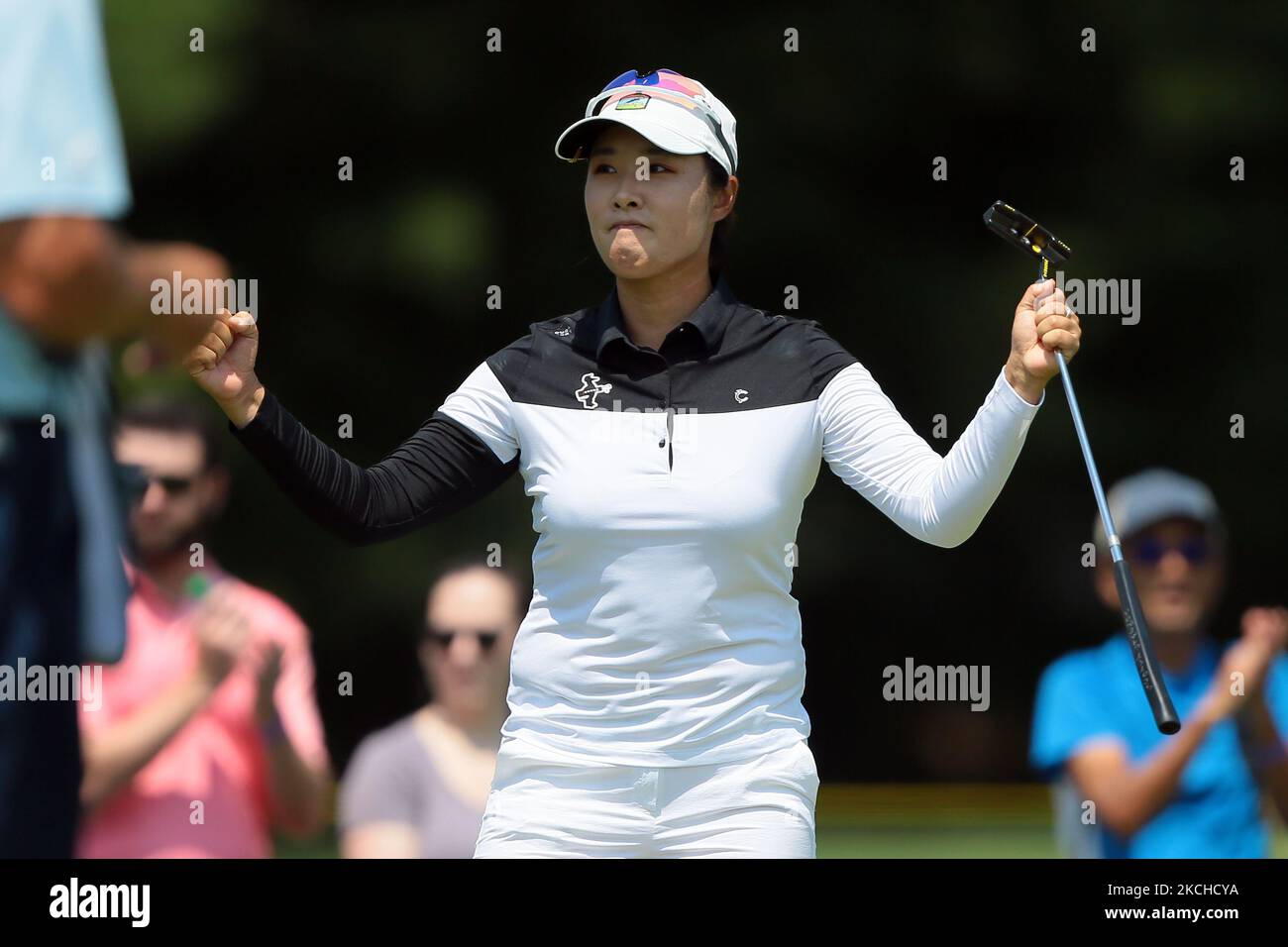 Amy Yang of South Korea celebrates her biride on the 8th green during ...